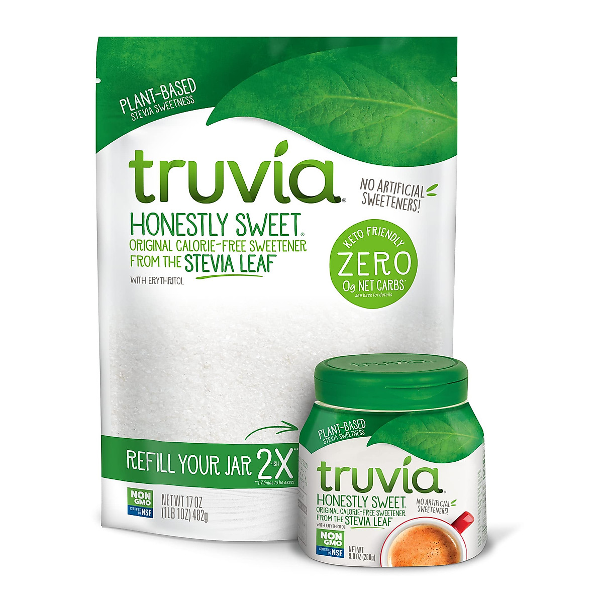 Truvia Spoonable Jar and Refill Bag Bundle (Pack of 2), Includes one 9.8oz Jar and one 17oz Refill Bag of Truvia Naturally Sweet Calorie-free Sweetener from the Stevia Leaf