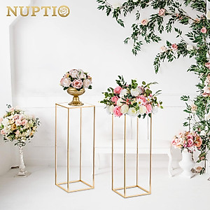 Nuptio 2 Pcs Metal Flower Floor Vase Column Flower Stand Geometric Centerpieces Vase for Tables, 80cm/31.5in Tall Gold Flower Holder for Home Party Wedding Decorations, Rectangular Flower Display Rack