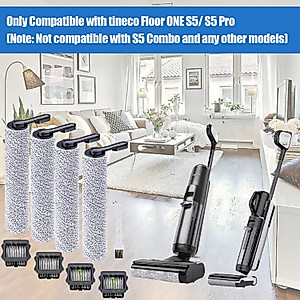 Floor ONE S5 Brush Roller Replacement Parts for Tineco Floor ONE S5/ Floor ONE S5 PRO 2 Cordless Wet Dry Vacuum Cleaner, 4 Pack Brush Roller, 4 Pack HEPA Filters and 1 Pack Cleaning Brush