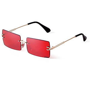 ADE WU Rimless Rectangle Sunglasses for Women Men,Trendy Fashion Sheer Pink,Blue Lens Frameless Glasses (Red)