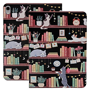 Case for iPad Air 11 Inch M2(2024), iPad Air 6th/5th/4th Gen (2024/2022/2020) 10.9 inch, Slim PU Leather Multi-Angle Smart Shell Stand Cover with Auto Wake/Sleep, Cat on Bookshelf