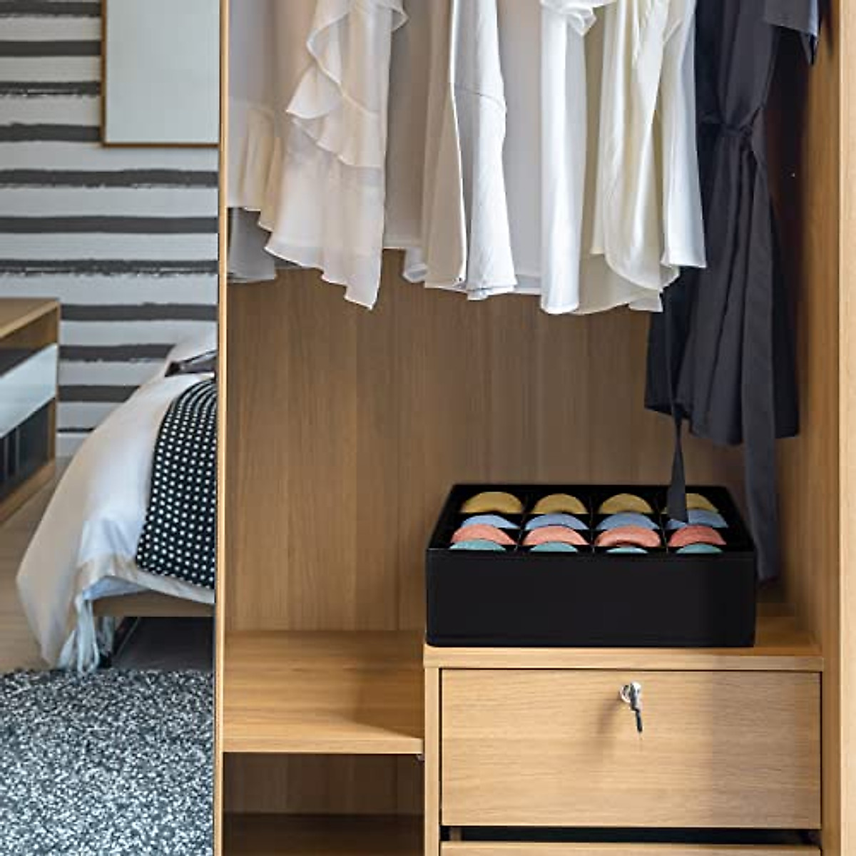 Joyoldelf Sock Drawer Organizer Divider Underwear Organizer 16-cell Fabric Dresser Drawer Organizers Storage Boxes for Socks, Lingerie, Handkerchiefs, Ties 2 Packs Black