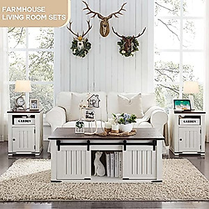 SinCiDo 48” Lift Top Coffee Table, Coffee Table with Storage & Sliding Groove Barn Door, Farmhouse Coffee Table Rustic Wood Cocktail Table w/Double Storage Spaces for Living Room, White