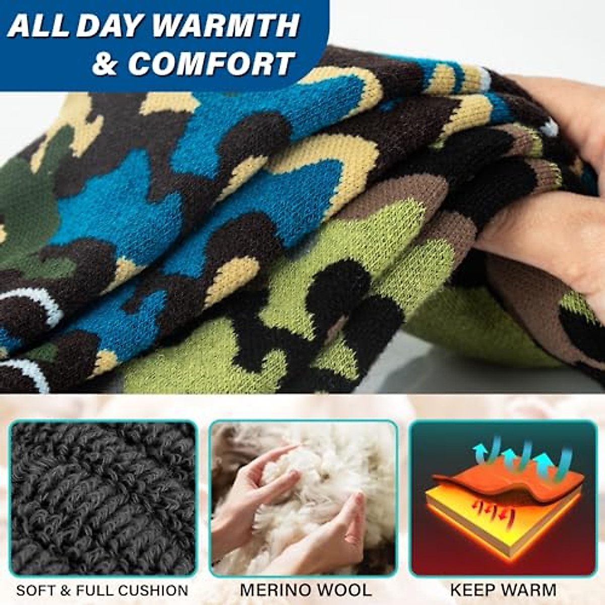 Merino Wool Ski Socks 2 Pairs, Thermal Knee High Warm Socks for Snowboarding, Hiking, Cold Weather, Snow, Hunting