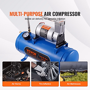 VEVOR 12V Air Compressor with Tank 1.6 Gallon/6 L, Train Horn Air Compressor, 120 psi Working Pressure Onboard Air Compressor System for Train Air Horns, Inflating Tires, Air Mattresses