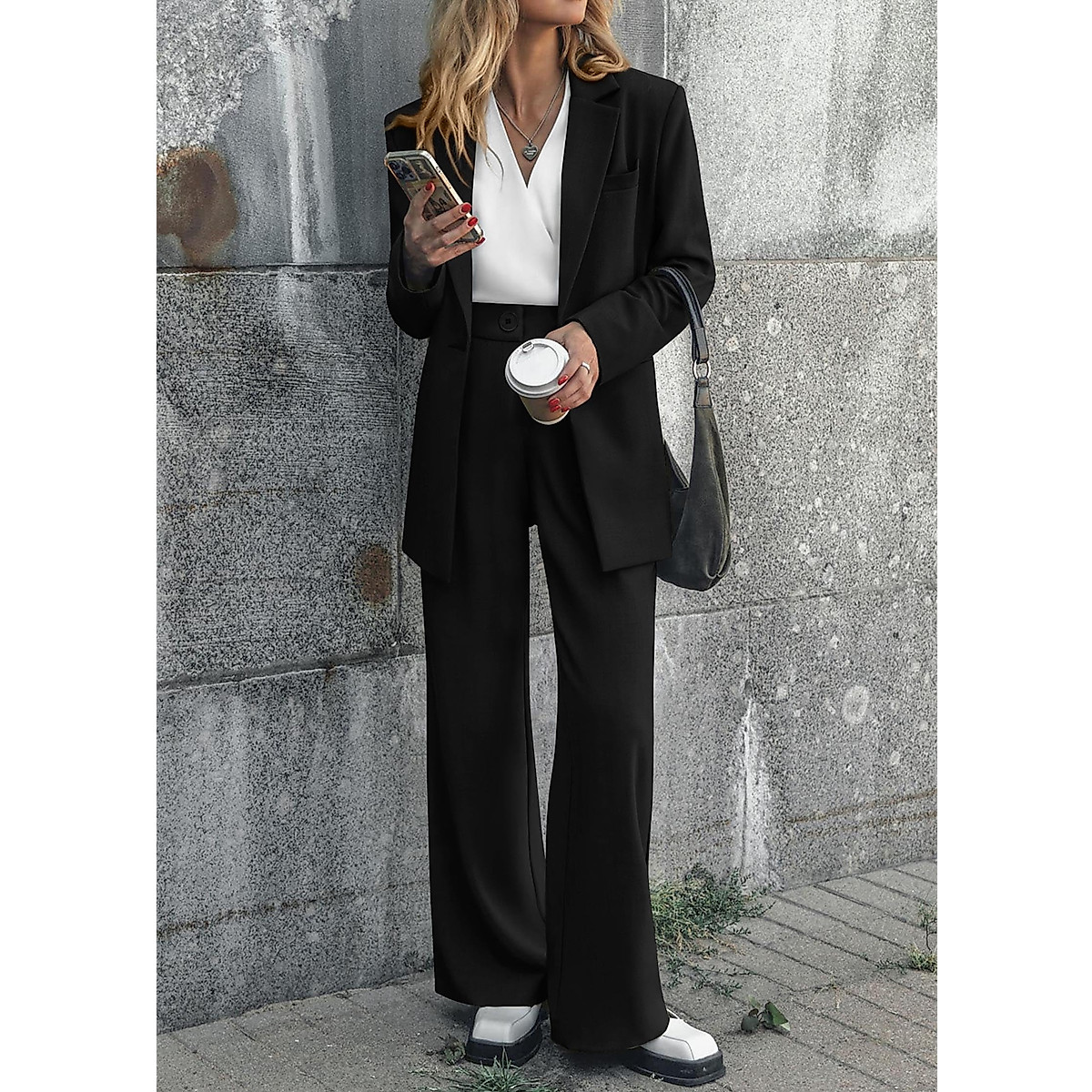 KIRUNDO Women's 2025 Spring Fall 2 Piece Blazer Set Casual Loose Long Blazer Jackets and Dressy Wide Leg Pant Suits Pockets Black