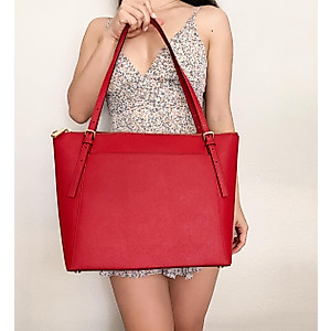 Michael Kors Voyager Large East West Tote Front Snap Pocket Top Zip Shoulder Bag Leather (Flame)