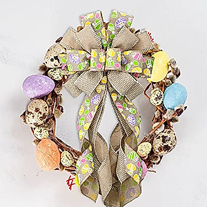Large Easter Wreath Bows for Front Door, Flaxen Burlap Ribbon Bow Easter Bunny Bows Holiday Spring Bow Tree Topper Bows for Easter Party Decorations Supplies