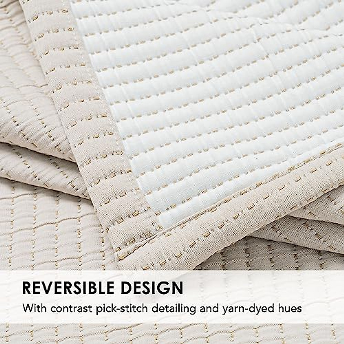 EVERGRACE Quilt King Size, Ultra Soft Cotton Blend Quilt Sets, Pre-Washed Channel Pick Stitch Bedding Sets, Reversible Oversized Bedspread, Lightweight Matelasse Coverlet with 2 Shams, Beige
