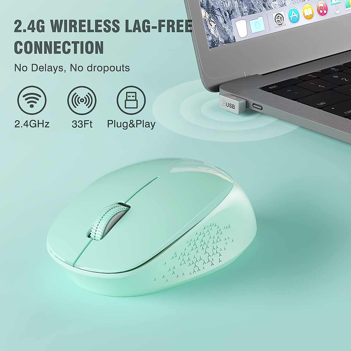 Trueque Wireless Mouse E702 2.4GHz Portable Computer Mouse with USB Receiver, Comfortable Silent Mice for Laptop, Chromebook, PC, Notebook, Desktop, Windows, Mac (Mint Green)