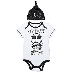 Disney Nightmare Before Christmas Newborn Baby Boys Short Sleeve Bodysuit Pants and Hat 3 Piece Outfit Set 0-3 Months