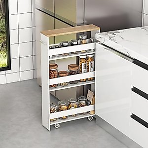 IFANNY Slim Storage Cart, 4-Tier Rolling Cart with Handle, Laundry Cart Between Washer and Dryer, Wood Spice Rack Next to Fridge, Narrow Shelving Unit for Kitchen, Bathroom, Small Spaces