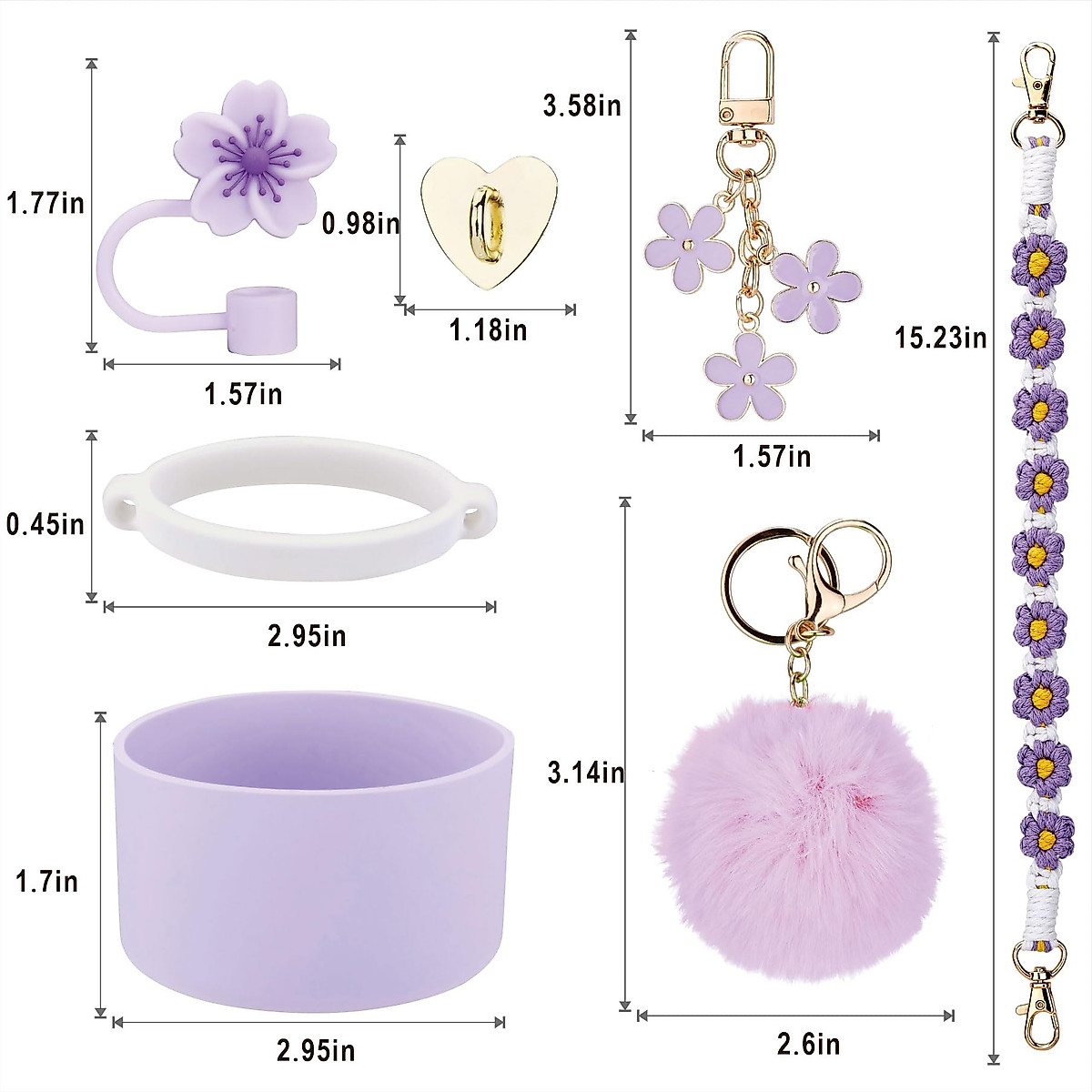 Compatible with Stanley Cup Accessories, 7pcs Tumbler Accessories for Stanley Cup 30/40 oz, Including Water Bottle Handle Strap, Cup Boot, Straw Cover, Plush Ball and Key Charm, Purple