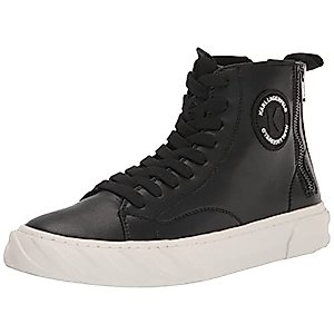 Karl Lagerfeld Paris Men's Recycled Leather Double Back Zip Hi Top Sneaker with Side Logo Patch, Black, 9.5