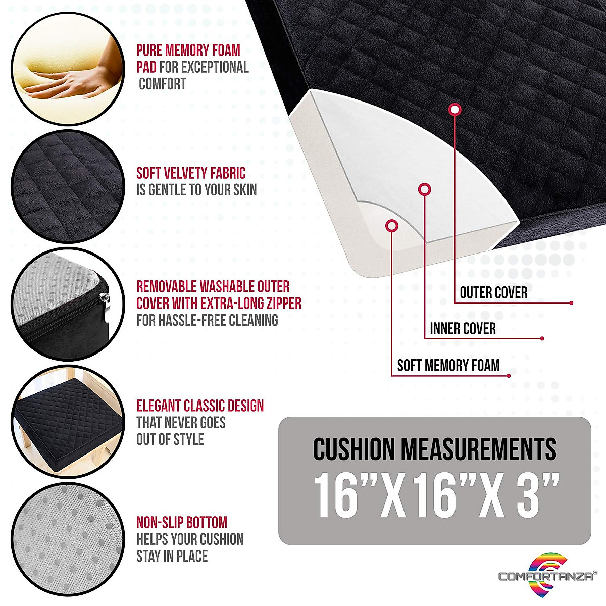 COMFORTANZA Chair Seat Cushion - 16x16x3 Memory Foam Square Thick Non-Slip Chair Pads for Kitchen, Dining, Office Chairs and Car Seats - Comfort and Back Pain Relief - Soft - Black