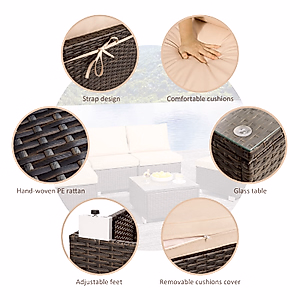 Patio Furniture 6 Pieces Set, Outdoor Furniture PE Rattan Wicker Outdoor Couch, Patio Conversation Sets One Box Package with Glass Table and Cushion, Brown