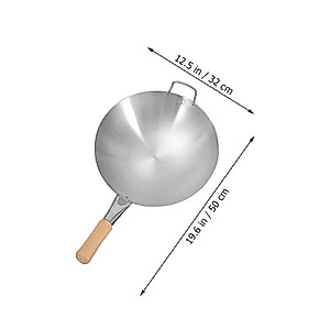 DOITOOL 1pc Stainless Steel Wok with Wood Handle Traditional Hand Hammered Carbon Steel Pow Wok Practical Wok Kitchen Utensil (Silver)