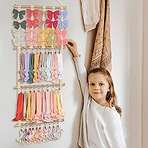 CN Headband Organizer Holder for Baby Girls, Bow Holder for Girls Hair Bows, Hair Accessories Hanger Boho Ribbon Storage with 30 Bronze Clips for Nursery Hanging Room Decor For Wall