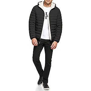 Calvin Klein Men's Hooded Down Jacket Quilted Coat Sherpa Lined, Black Stretch, Medium