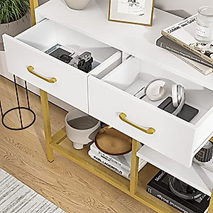 HITHOS Bookshelf, Tall Bookcase with 2 Drawers and Storage Shelves, Industrial Etagere Bookcase Book Shelves for Office, Living Room, Bedroom, White/Gold