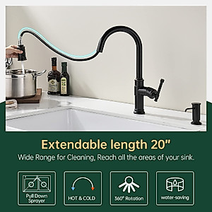 Touchless Oil Rubbed Bronze Kitchen Faucet with Soap Dispenser, DAYONE Single Handle Faucets for Kitchen Smart Motion Sensor Activated Hands-Free Pull Down, Robinet de Cuisine sans Contact