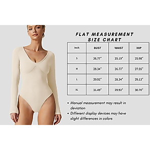 QINSEN High Stretch Bodysuit Shirt for Women Soft Breathable V Neck Ribbed Knit Top Beige M