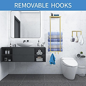 HOTNIU Towel Rack Wall Mounted Bathroom Towel Holder for Rolled Towels, Gold Metal Towel Storage Organizer with Shelf and 3 Removeable Hooks