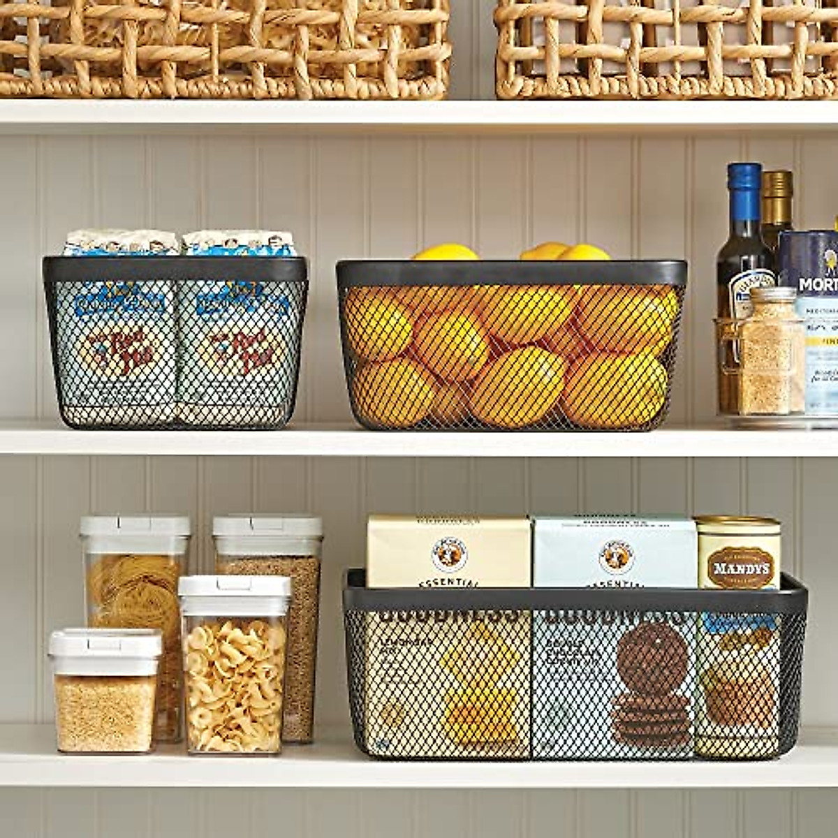 mDesign Steel Food Storage Organizer Bin Mesh Basket, Space Saving for Kitchen Cabinets, Countertop, Pantry, Fridge, Freezer Organization, Canned Food, Sugar, Flour, Meshi Collection - 4 Pack - Black