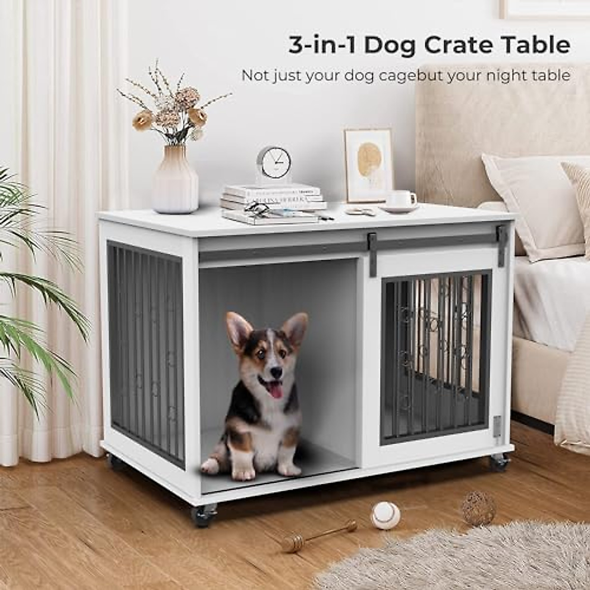 Lyromix Furniture Style Dog Crate End Table with Sliding Barn Door, Indoor Dog Kennel Furniture with Removable Divider for 2 Small to Medium Pets, White, 39.37''W×25.2''D×28.94''H