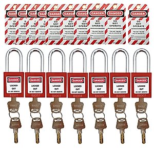 SAFBY 7pcs Keyed Different Lockout Tagout Locks with 10 Lock Out Tag Out Tags - Loto Safe Padlocks for Stations and Devices with 7 Different Numbers (Keyed Different, 7 Locks with 10 Tags)