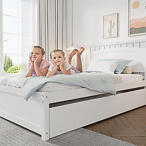 TOLEAD Daybed with Trundle, Twin Size Pull Out Bed, Solid Wood Extendable Day Bed with Trundle Bed Twin, Include Slat Support (White, Trundle)