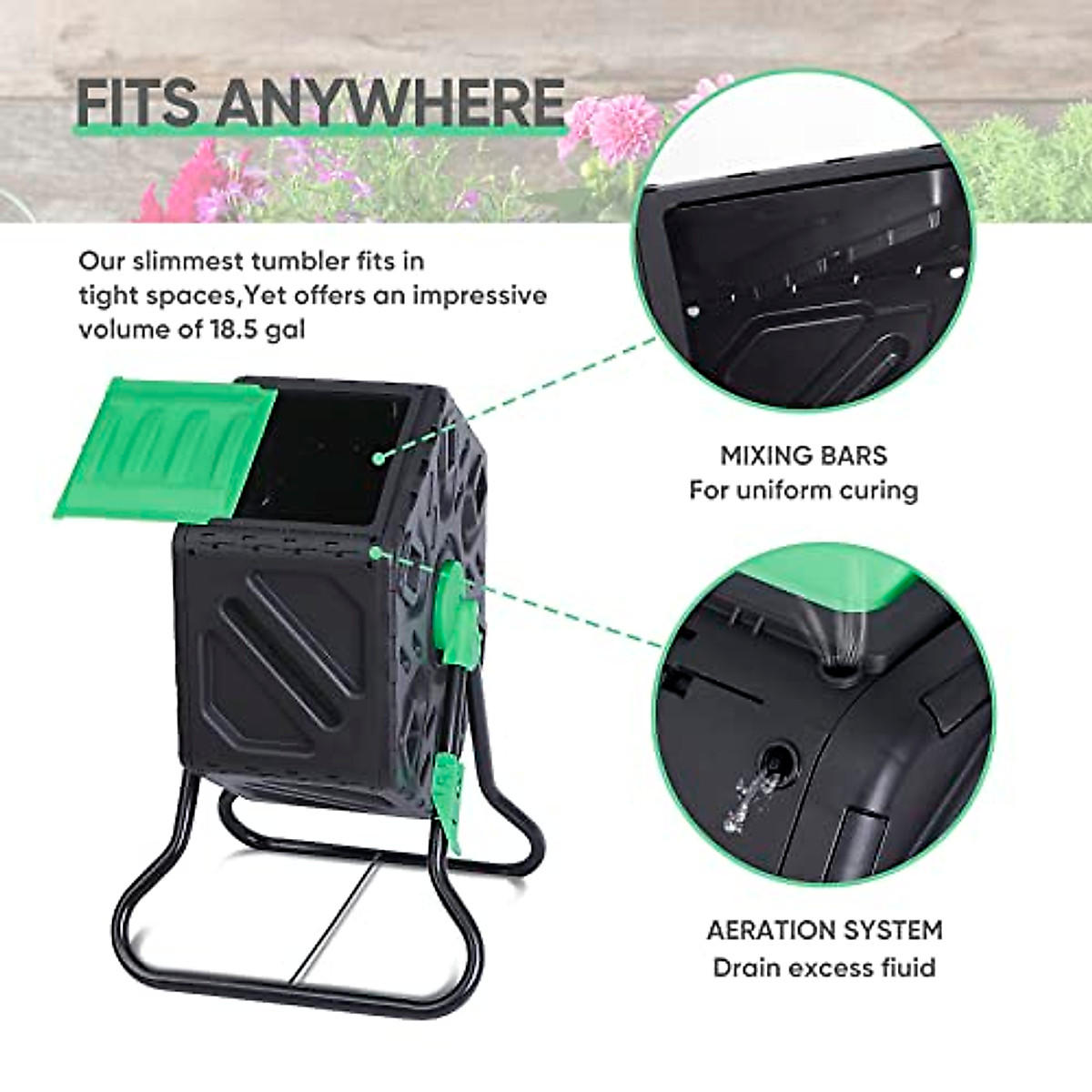 F2C 18.5 Gallon Compost Tumbler All-Season Outdoor BPA Free Large Composter Bin w/ 2 Sliding Doors and Solid Steel Frame (18.5 Gallon)