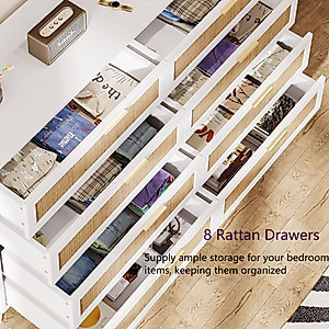 Rovaurx 8 Drawer Double Dresser for Bedroom, Rattan Chest of Dressers, Modern Wooden Dresser Chest with Golden Handles, Beside Table for Closet, Living Room and Entryway, White and Natural