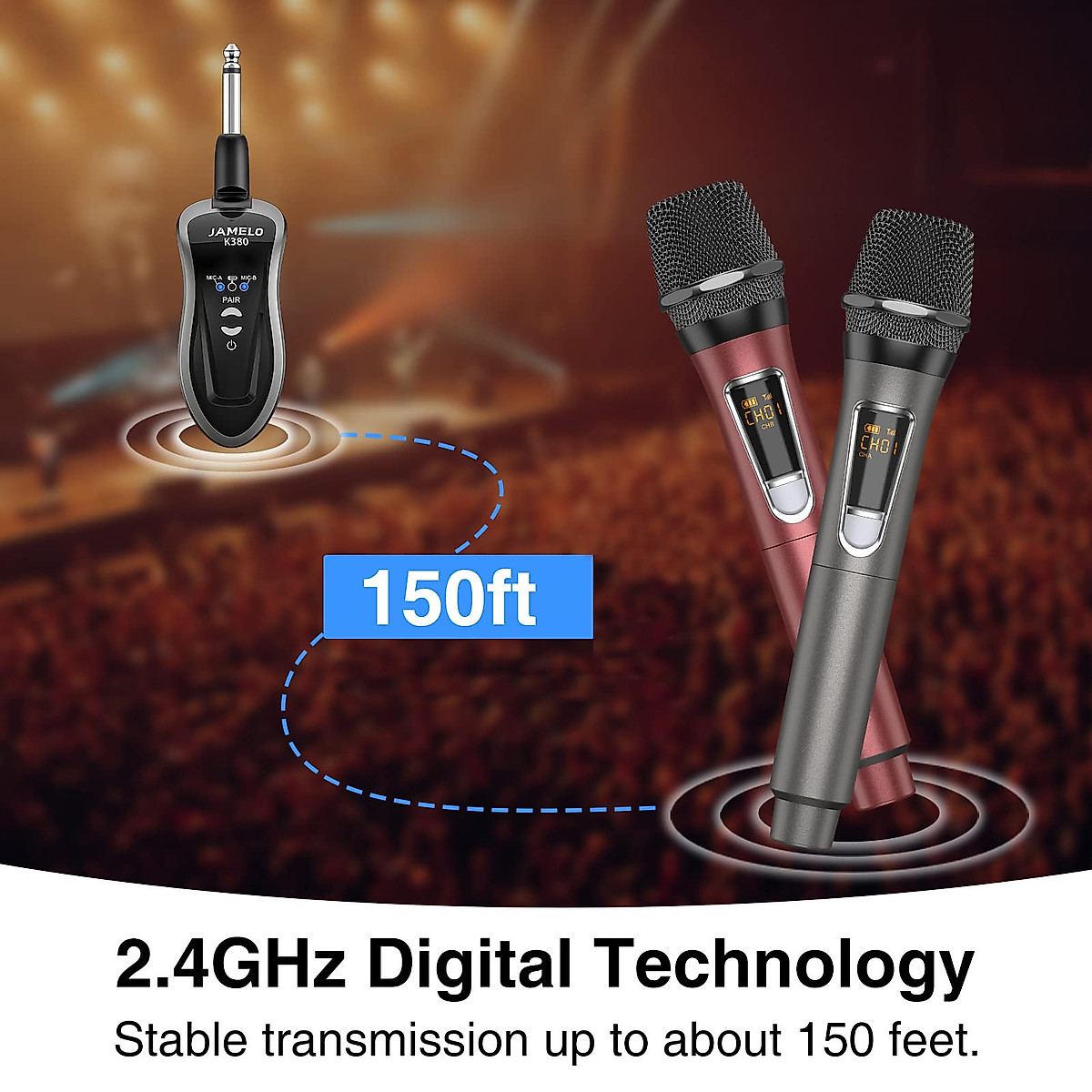 JAMELO Wireless Microphones, Metal Dual Handheld Dynamic Mic, Microfonos Inalambricos with 2.4Ghz Rechargeable Receiver, Over 10H Duration, 150ft Range,Microphone for Singing, Karaoke,Speech, Wedding