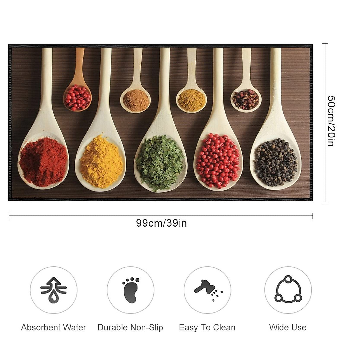 Colorful Spices Wooden Spoons Kitchen Rug Non-Slip Kitchen Mats Bath Runner Doormats Area Mat Rugs Carpet for Home Decor 39" X 20"