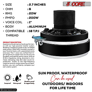 5 CORE Horn Speaker Tweeter Compression Driver Phenolic Diaphragm 1" Inch VC 8 Ohm 200W PMPO Screw On Throat Twist Tweeters High Frequency Car Pro Audio 5C-D26