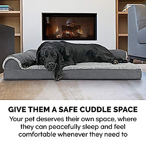 Furhaven Memory Foam Dog Bed for Medium/Small Dogs w/ Removable Bolsters & Washable Cover, For Dogs Up to 35 lbs - Two-Tone Plush Faux Fur & Suede L Shaped Chaise - Stone Gray, Medium