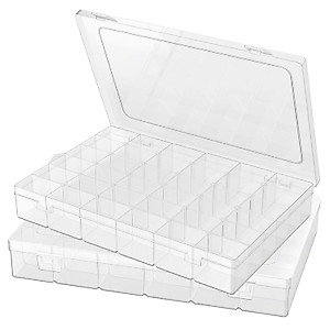 2 Pack Plastic Organizer Container Box, 36 Grids Clear Plastic Parts Organizer Box, for Beads, Art DIY, Crafts, Jewelry, Fishing Tackle with Label Stickers
