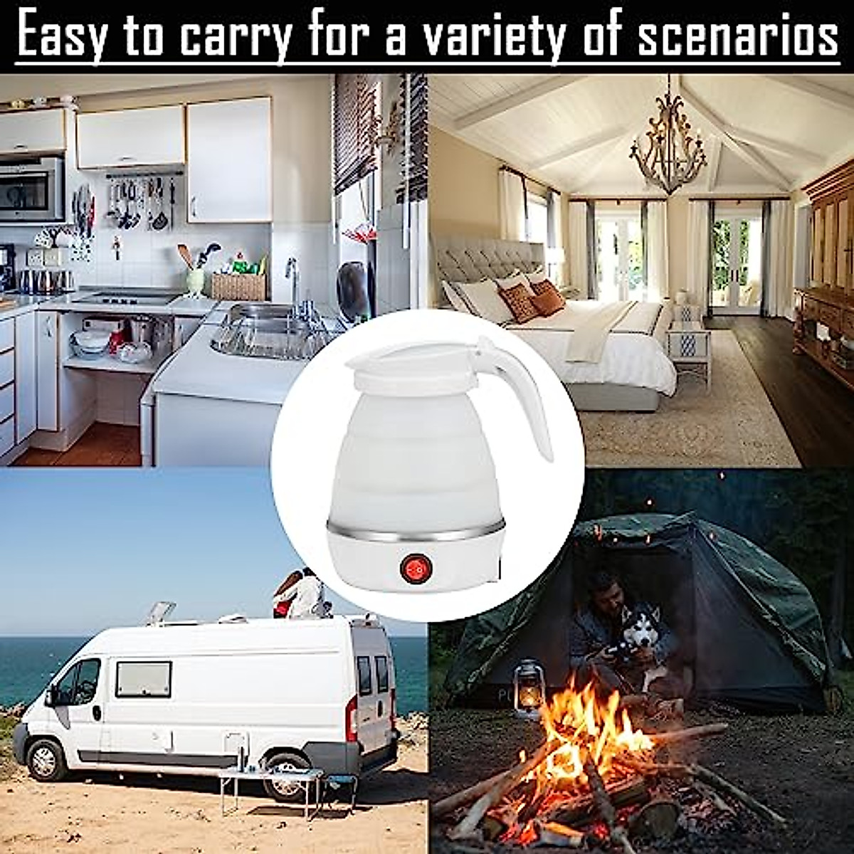 Foldable Electric Travel Kettle - Portable and Convenient Silicone Collapsible Water Boiler and Tea Pot for Camping - Easy Storage with Detachable Power Cord （White）
