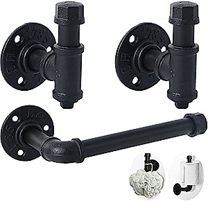 3 Pack Industrial Pipe Bathroom Hardware Accessories Set, Include 2 Robe Coat Towel Hook and 1 Toilet Paper Holder for Hanging. 1/2" inch Threaded Wall Mounted Rustic Decor Accessories Kit (Black)