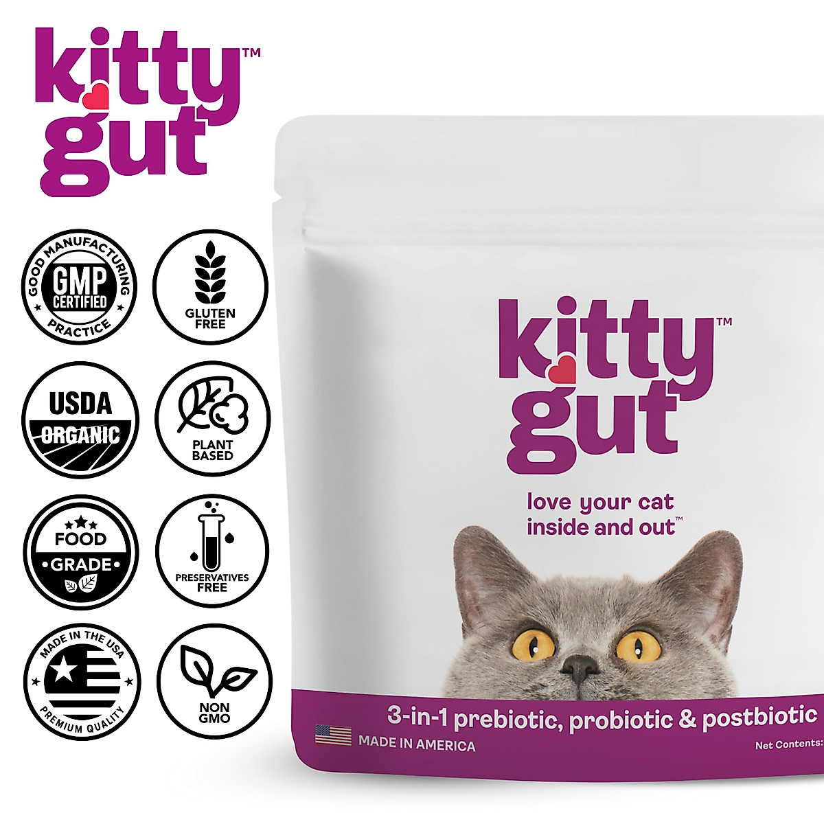 KittyGut 3-in-1 Organic Cat Probiotics & Postbiotic Supplement Powder- Made in USA-Probiotics for Cats Promote Gut Health and Cat Digestive Support, Diarrhea and Vomiting (90g)