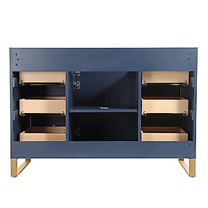 Fine Fixtures Opulence Collection 48 in. W x 20 in. D x 33 in. H Bathroom Vanity in Navy Blue with Black Marble Sintered Stone Sink - Satin Brass Hardware