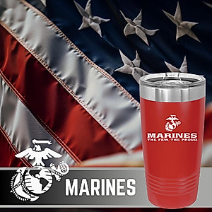 United States Marine Corps 20oz Travel Tumbler- Stainless Steel Red Coffee Mug with Acrylic Lid- Military Gear, Ideal Gift for Armed Services Veteran, Active Duty Marine- For Office, Home, Auto