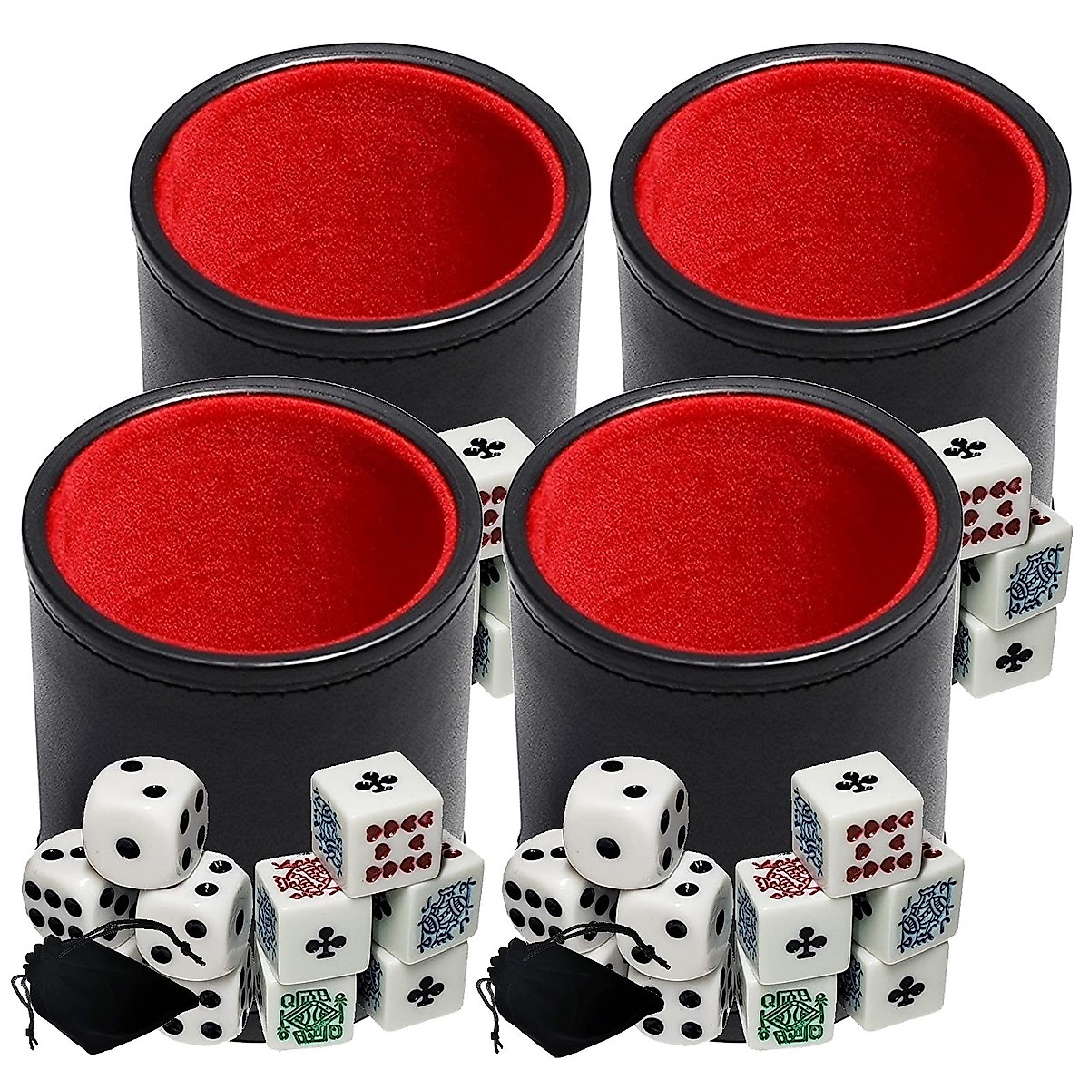 Cyber-Deals Black PU Leather Red Felt Lined Dice Cup with White Poker & Pip Dice in Storage Pouch Set (4 Sets)