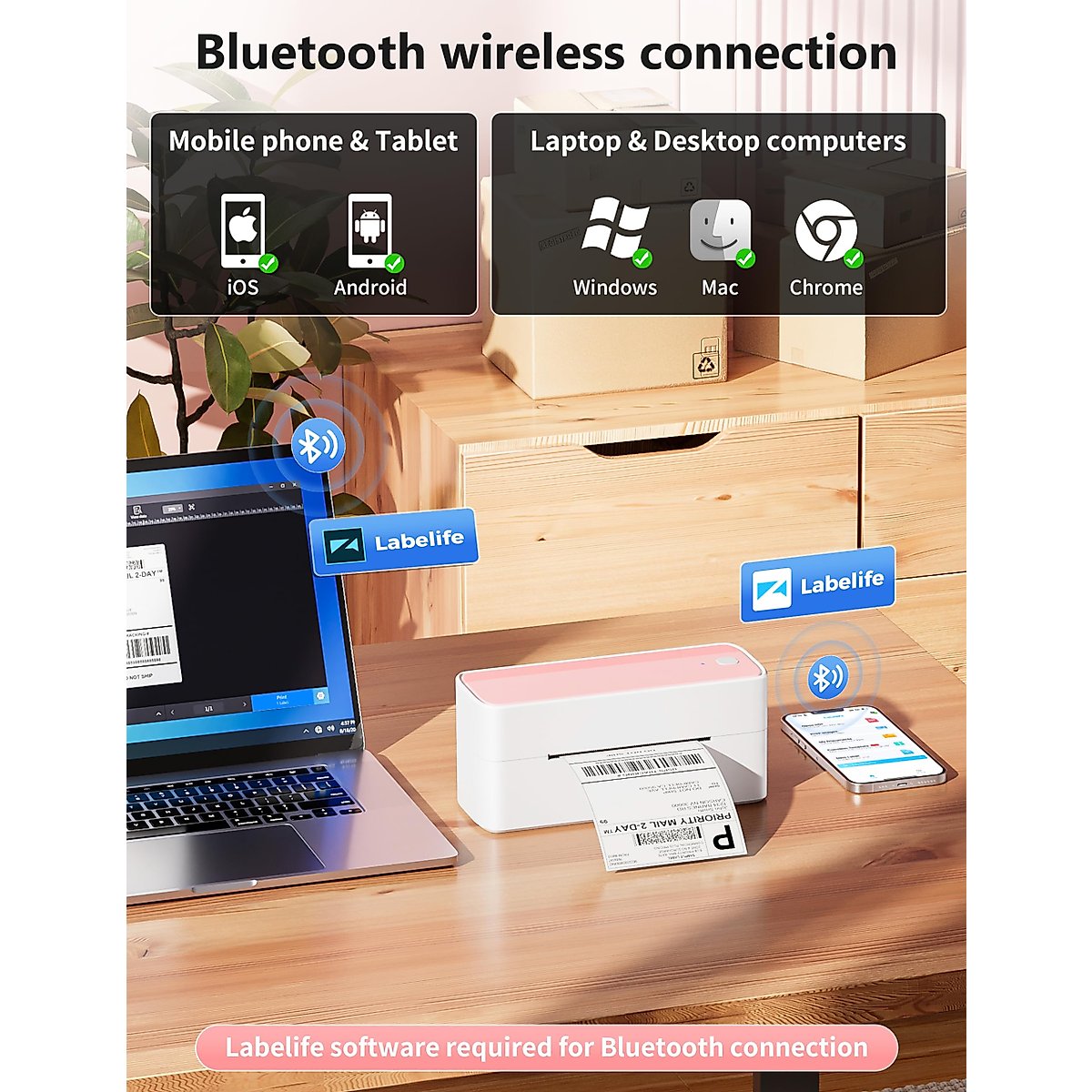 Phomemo Bluetooth Thermal Label Printer, 241BT 4X6 Wireless Shipping Label Printer for Small Business, Pink Label Printer for Shipping Package, Compatible with iPhone, Android, Amazon, Shopify, UPSP