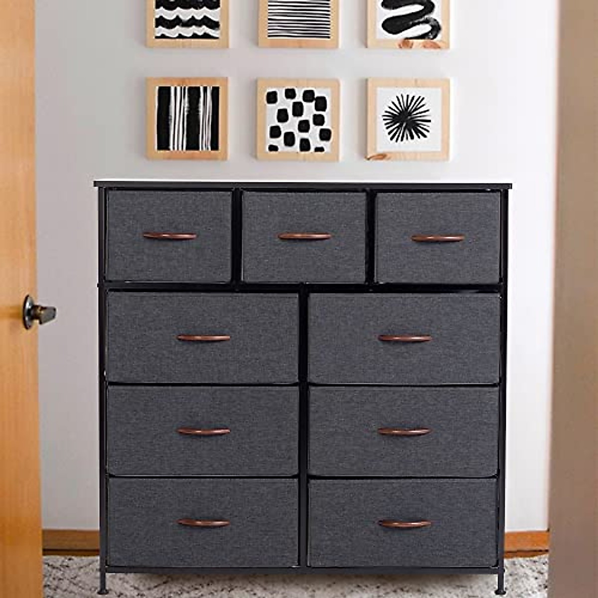 DHMAKER Fabric Dresser for Bedroom, Vertical Storage Tower with 9 Drawers for Nursery, Entryway, Closets, Organizer Unit with Steel Frame, Wood Top, Easy Pull Textured Fabric Bins - Dark Indigo