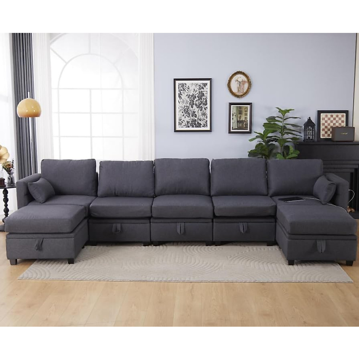 RVEE U-Shaped Convertible Sectional Sofa with USB Charging Station Wide Chaise Lounge Modern Modular Couch with Ottomans Sleeper Sofa with Storage Seat (Dark Gray, U-Shaped 7 Seater B)