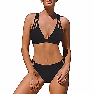 Roselychic Bikini Sets for Women Two Piece Swimsuit High Waisted Cutout Bathing Suits Solid V Neck Swimwear