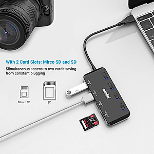 USB SD Card Reader, atolla USB Hub with SD/Micro SD Card Reader, USB Splitter with 3 USB Ports, 2 Card Slots and Individual LED Power Switches