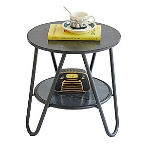 Leesingdo 2 Tier Round End Table, Black End Table with Metal Frame for Small Spaces, Accent Coffee Table, Sofa Table, Nightstand Table for Living Room, Bedroom